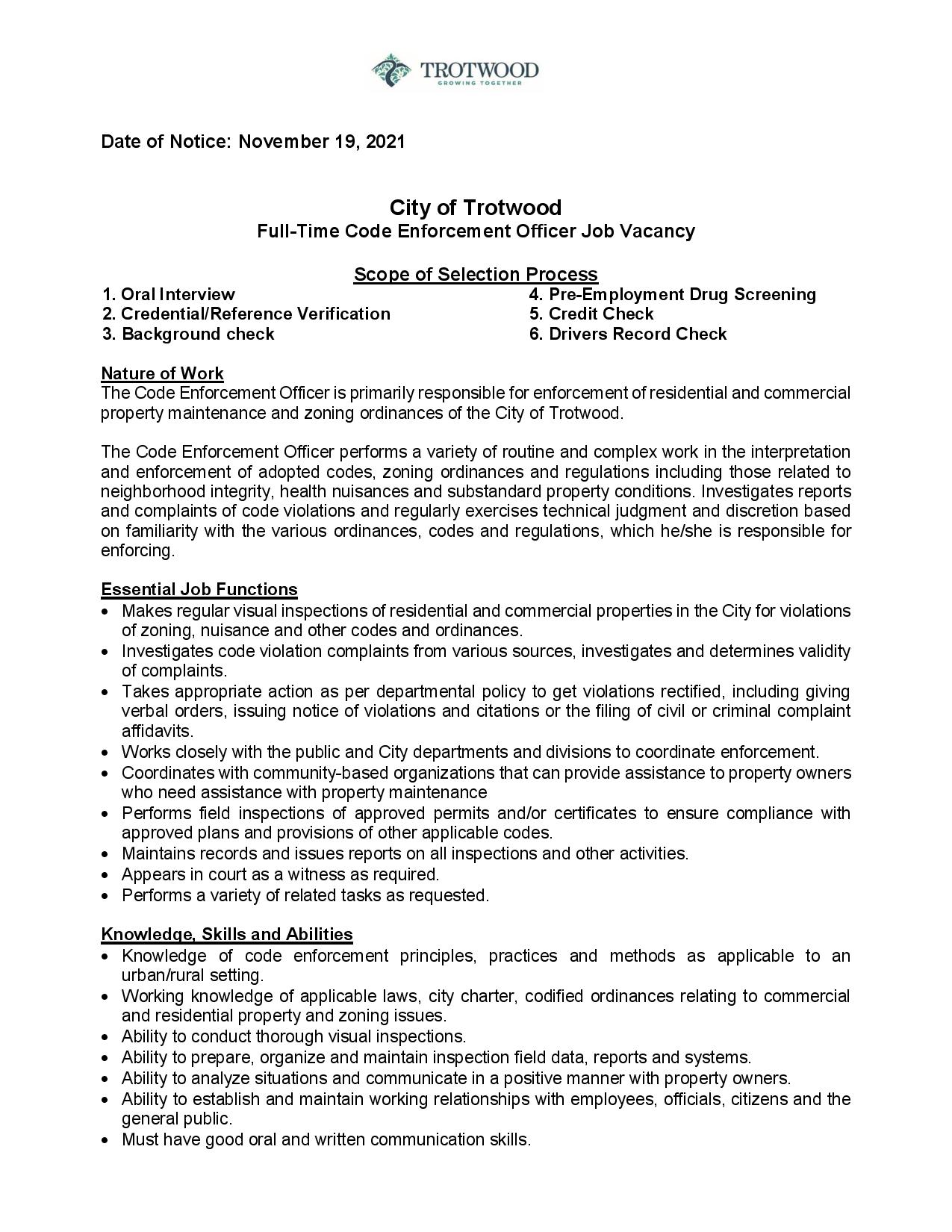 Full-Time Code Enforcement Officer Job Vacancy - Trotwood, Ohio