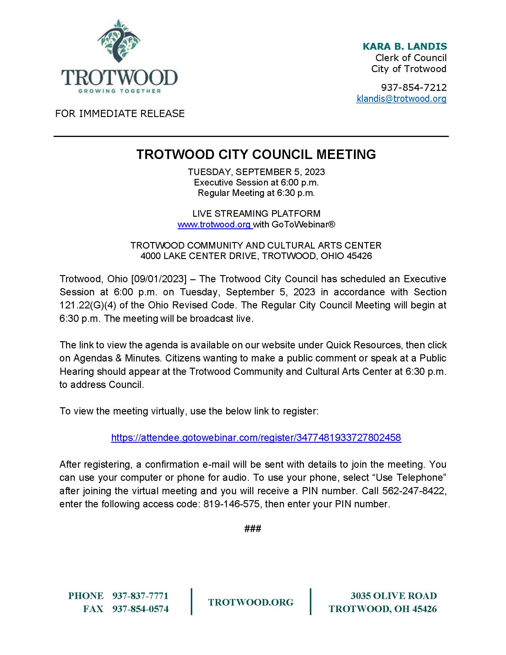 TROTWOOD CITY COUNCIL REGULAR MEETING WITH EXECUTIVE SESSION - Trotwood ...