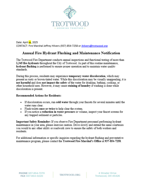 Annual Fire Hydrant Flushing and Maintenance Notification - Trotwood, Ohio