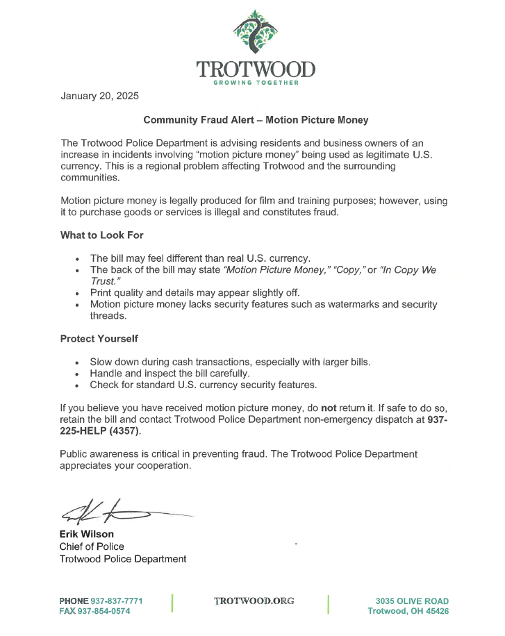Community Fraud Alert - Motion Picture Money - Trotwood, Ohio