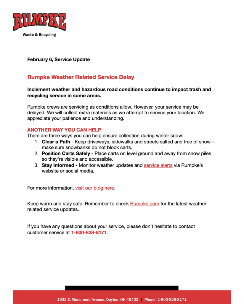 Rumpke Weather Related Service Delay - Trotwood, Ohio